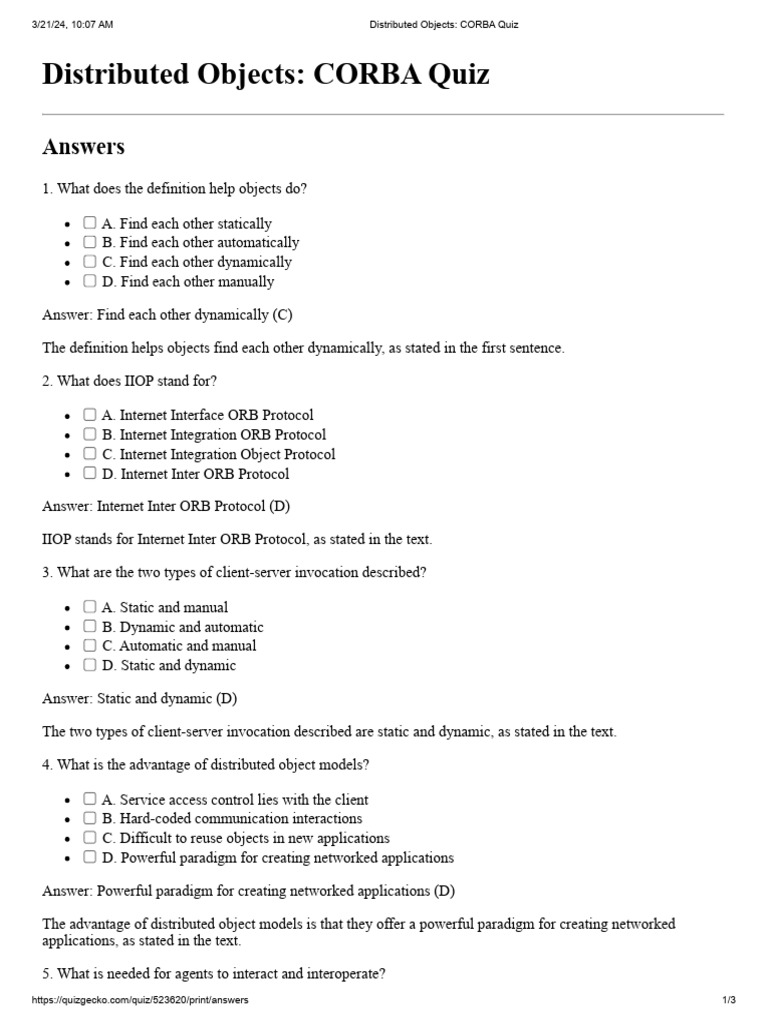 Distributed Objects Corba Quiz Pdf Common Object Request Broker Architecture Object