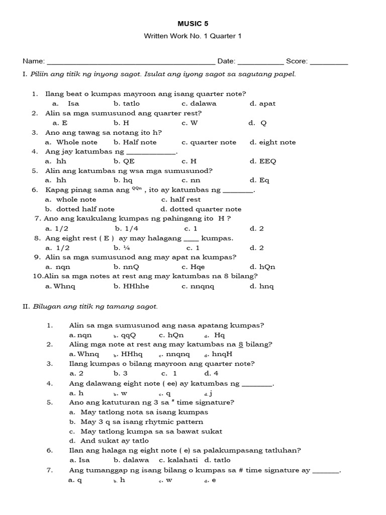 V1 SUMMATIVE TEST - MUSIC 5 - Quarter 1 | PDF