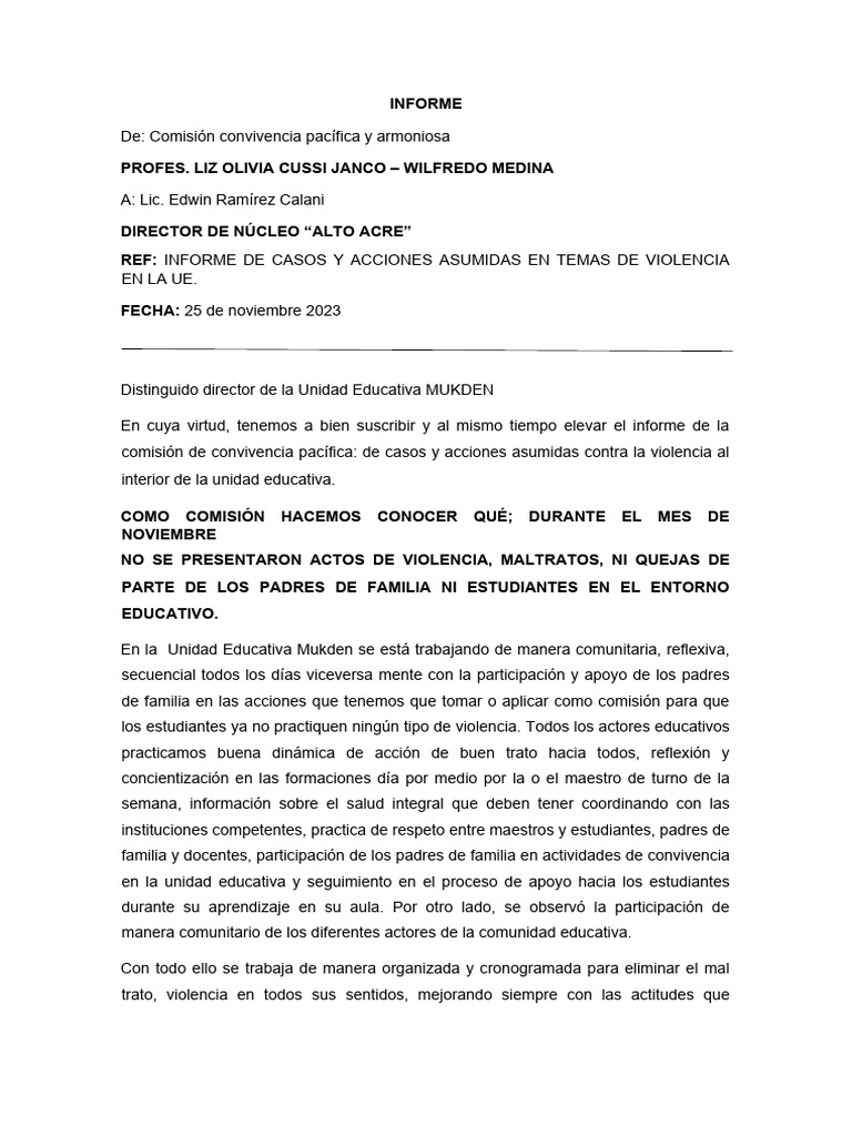 Informe de Acciones Asumidas Sobre Violencia Noviembre | PDF | Violencia | Salón de clases