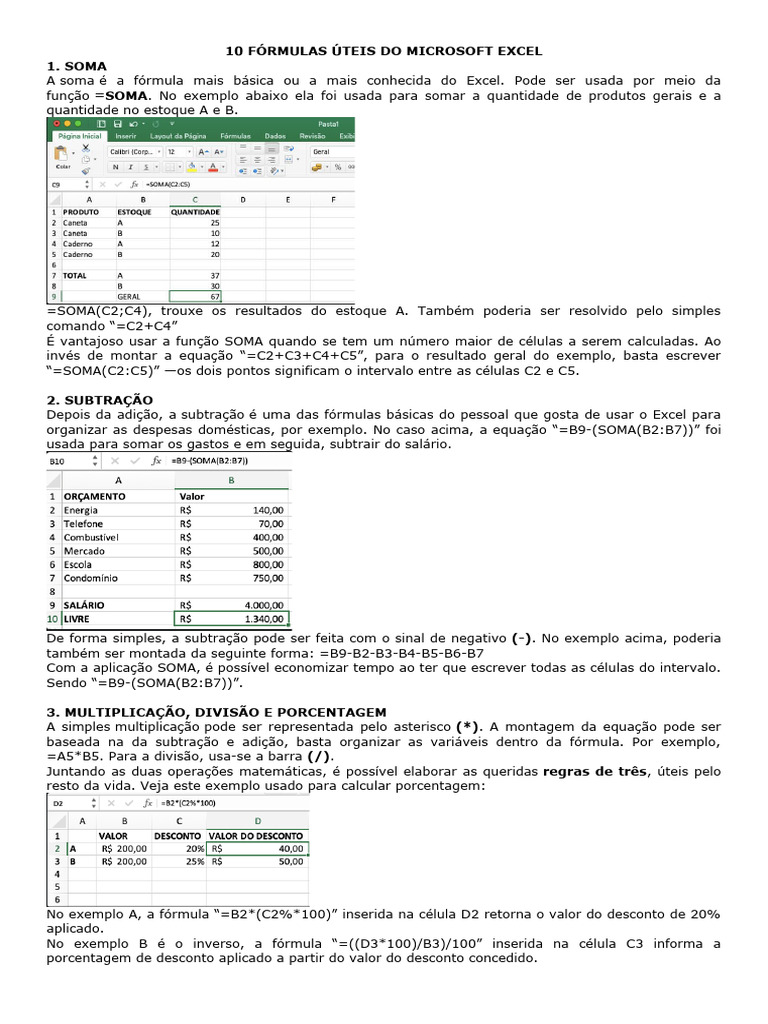 10 FÓRMULAS ÚTEIS DO MICROSOFT EXCEL | PDF | Equações | Multiplicação