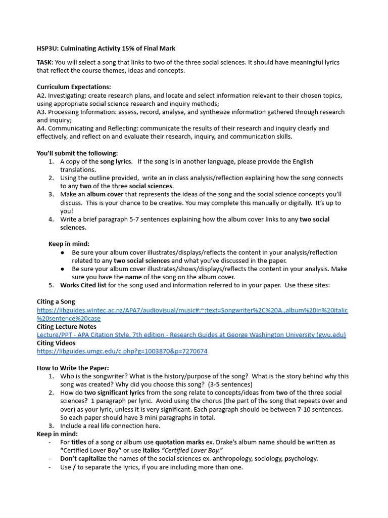 HSP3U - Song Assignment 15% 1 Song | PDF | Apa Style | Citation