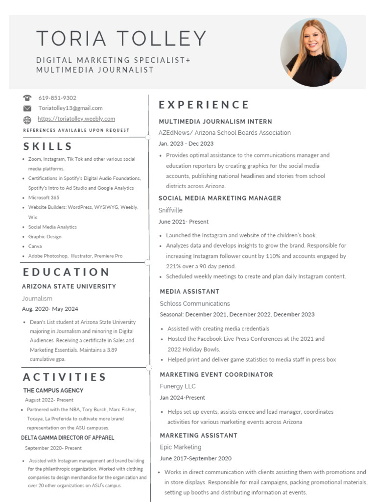 toria tolley resume 2024 | PDF | Arizona State University | Social Media