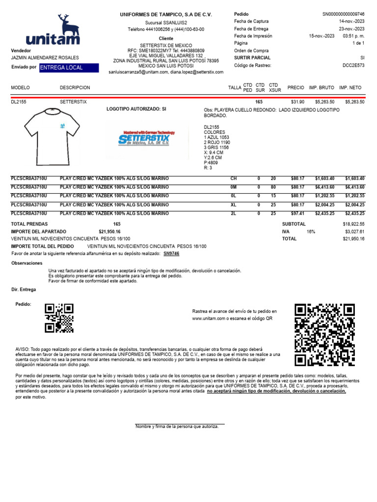 Pedido de Uniformes para Setterstix | PDF