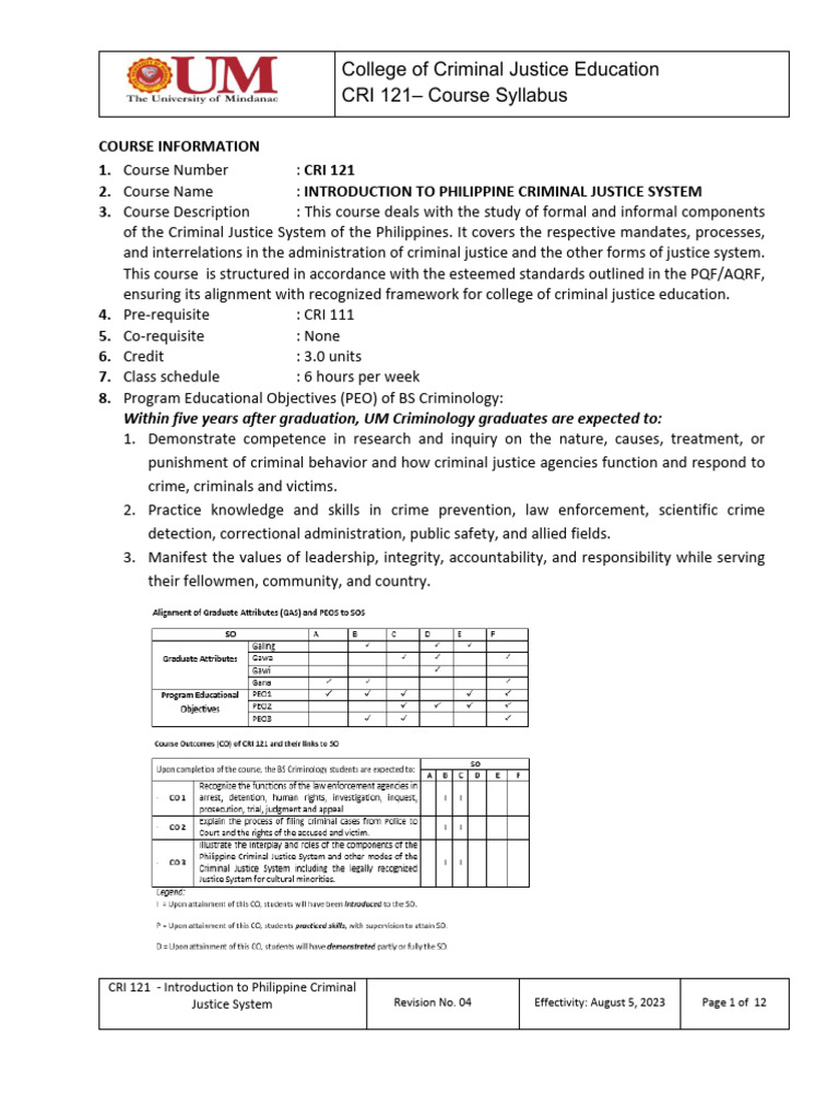 CRI 121 SYLLABUS | PDF | Crimes | Crime & Violence