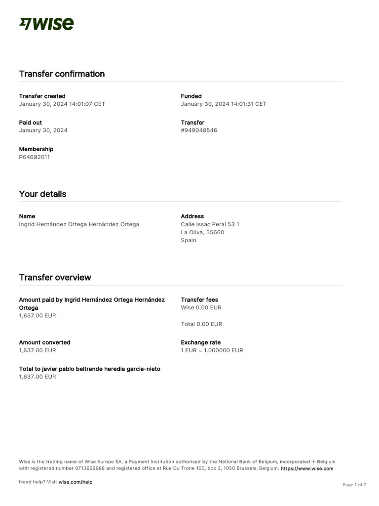 Wise Transaction Invoice Transfer 949048546 2397810628 Es | PDF | Euro ...