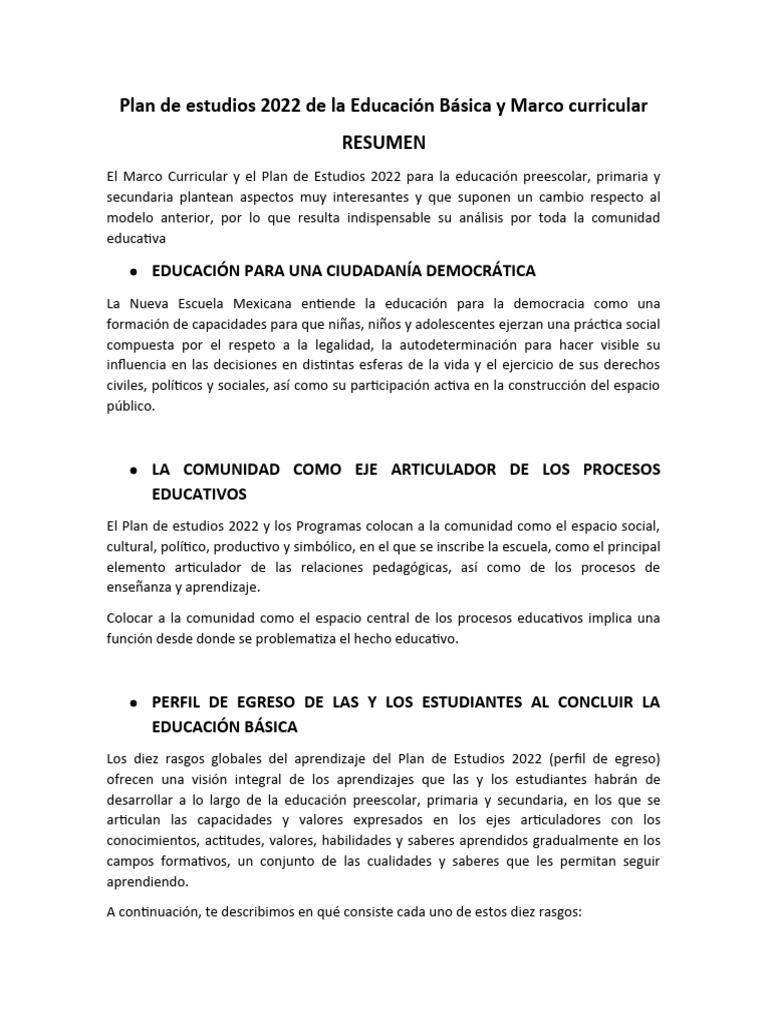 RESUMEN - Plan de Estudios 2022 de La Educación Básica y Marco Curricular | PDF | Plan de ...