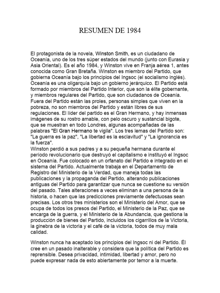 Resumen de "1984" de George Orwell | PDF | Ciencias sociales