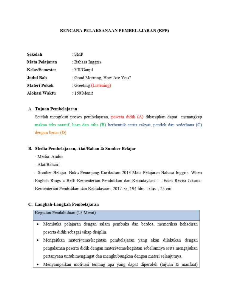 RPP Micro Teaching (3) Litening - Greeting | PDF