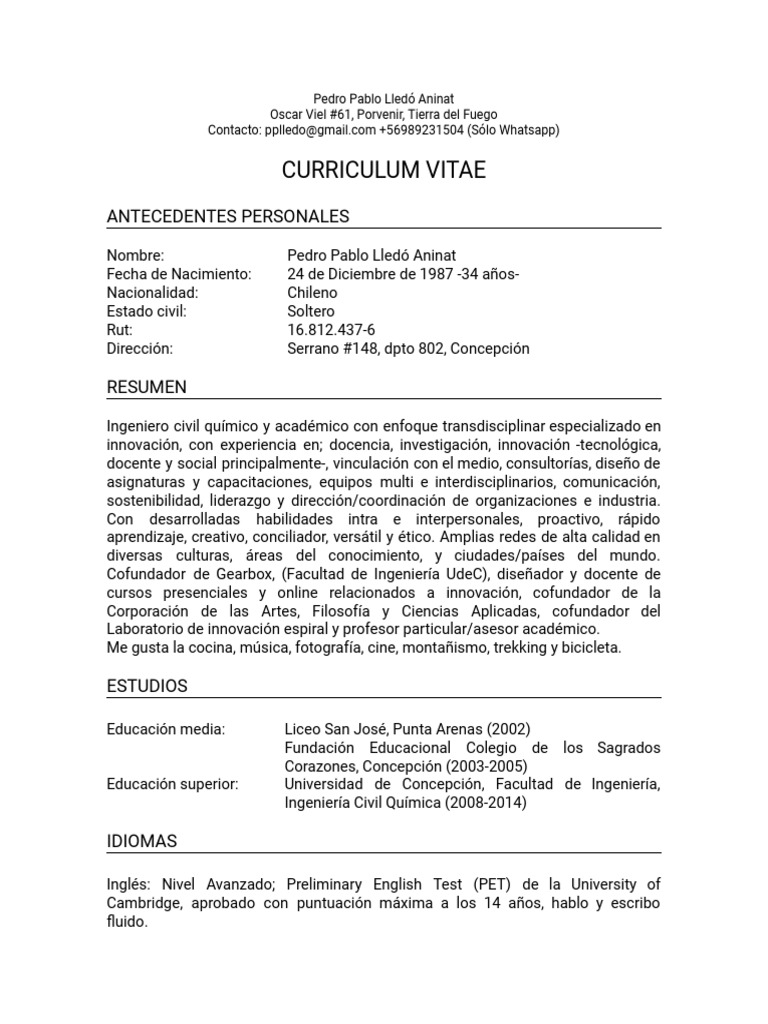 Curriculum Vitae Pedro Pablo Lledó Aninat 2022 CV | PDF | Maestros ...