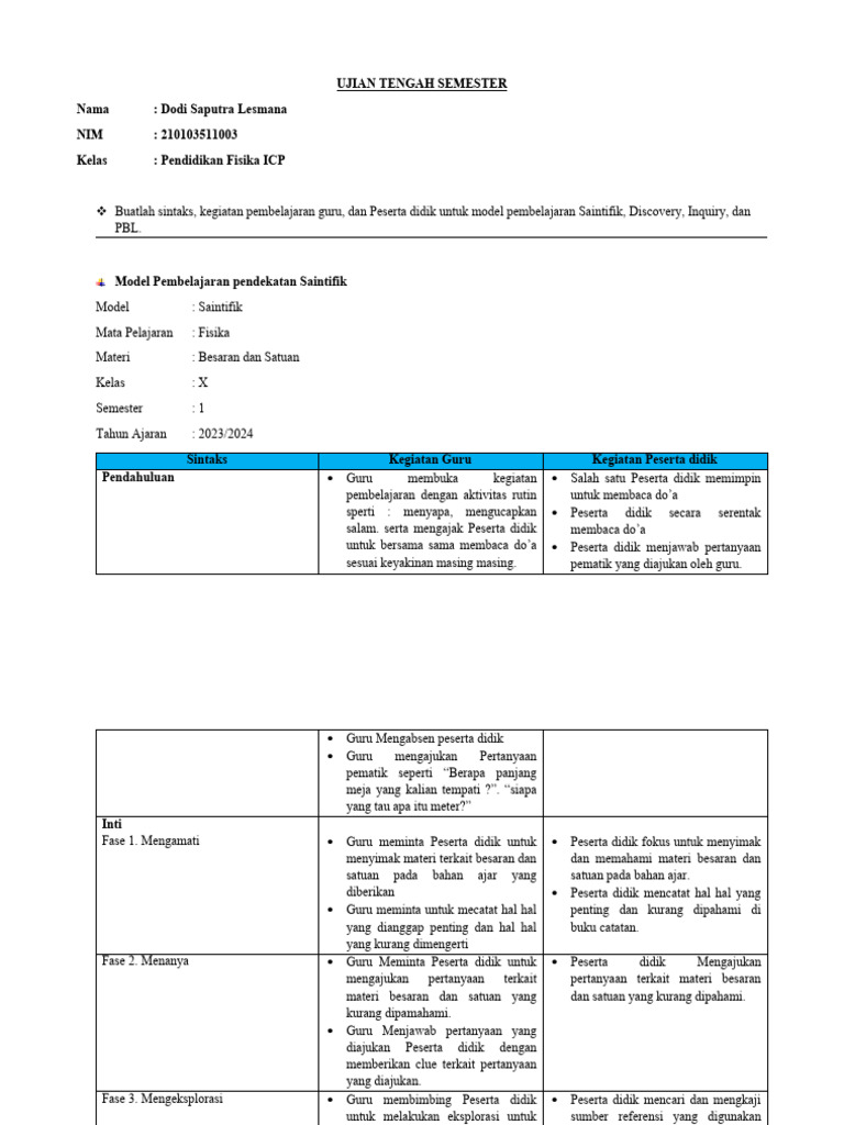 UJIAN TENGAH SEMESTER - Model Pembelajaran - DODI Saputra | PDF | Karier & Perkembangan