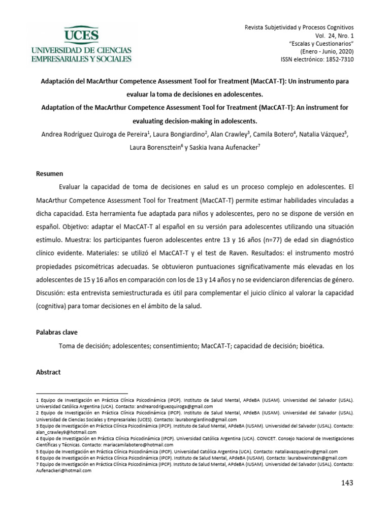 Adaptación Del MacArthur Competence Assessment Tool For Treatment ...