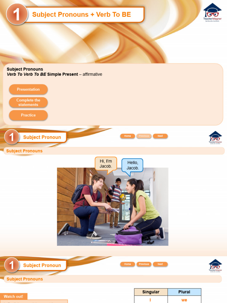 Subject Pronouns and Verb To BE - Teacher | PDF | Question | Linguistics