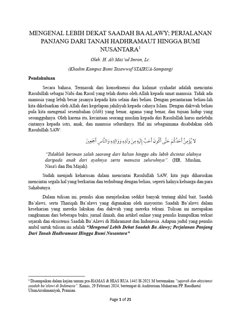 Saadah Ba Alawy Sejarah Dan Eksistensinya Di Indo - 240228 - 180636 | PDF