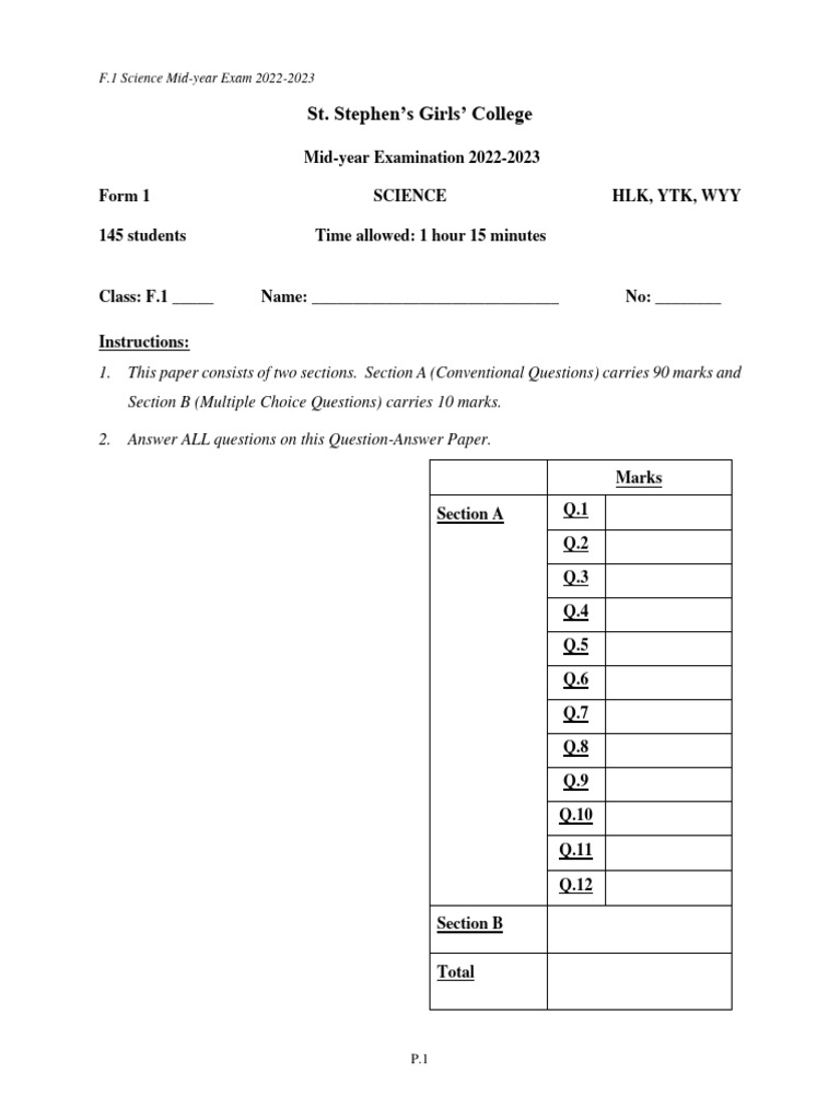 22-23 F.1 Science Mid Year Exam | Download Free PDF | Liquids | Water