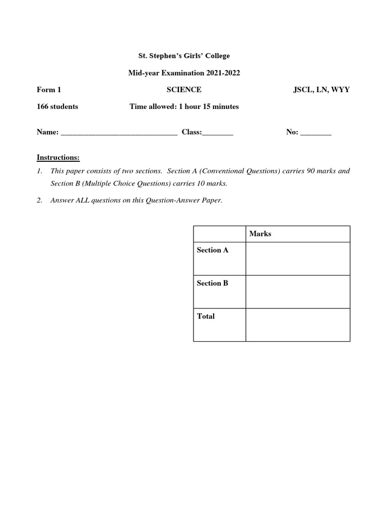 21-22 F.1 Science Mid Year Exam | PDF | Water | Density