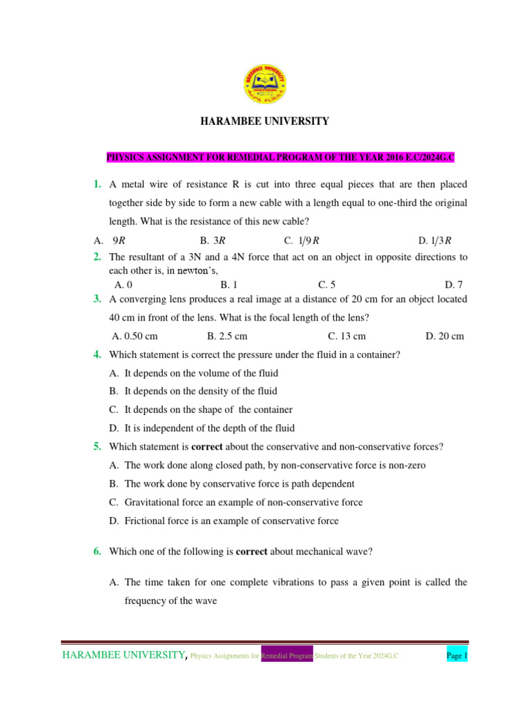 Harambee University: Physics Assignment For Remedial Program of The ...