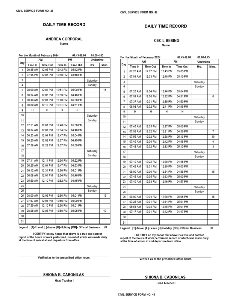 Daily Time Record-Corporal and Cabusas | PDF