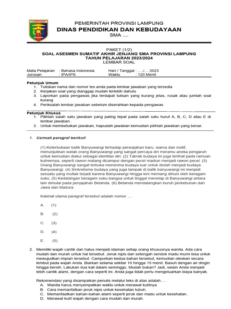 Bahasa Indonesia - Asaj 2024 - K13 - Soal | PDF