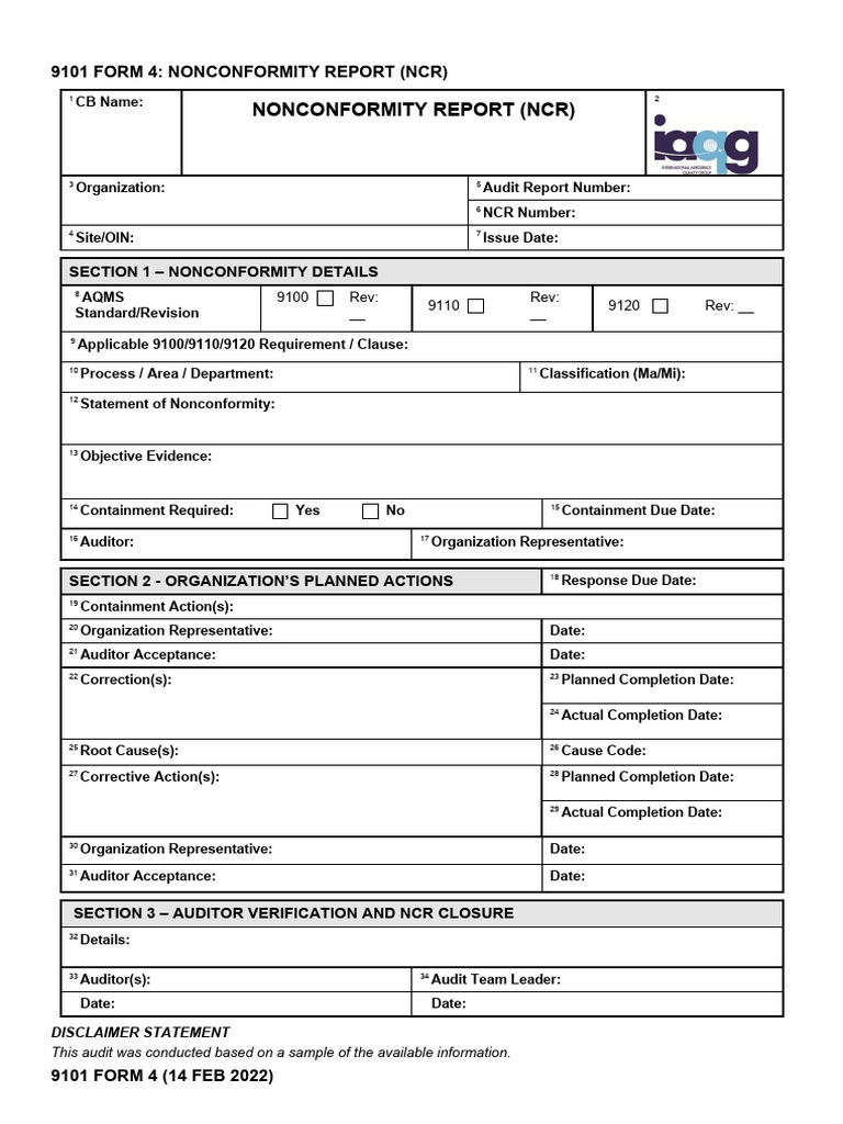 AS9101 Form 4: Nonconformity Report | PDF | Audit | Auditor's Report
