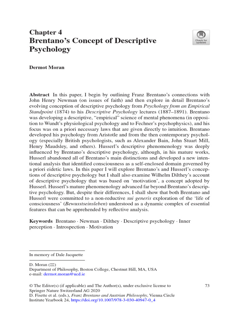 Brentano S Concept of Descriptive Psycho | PDF | Edmund Husserl | Phenomenology (Philosophy)