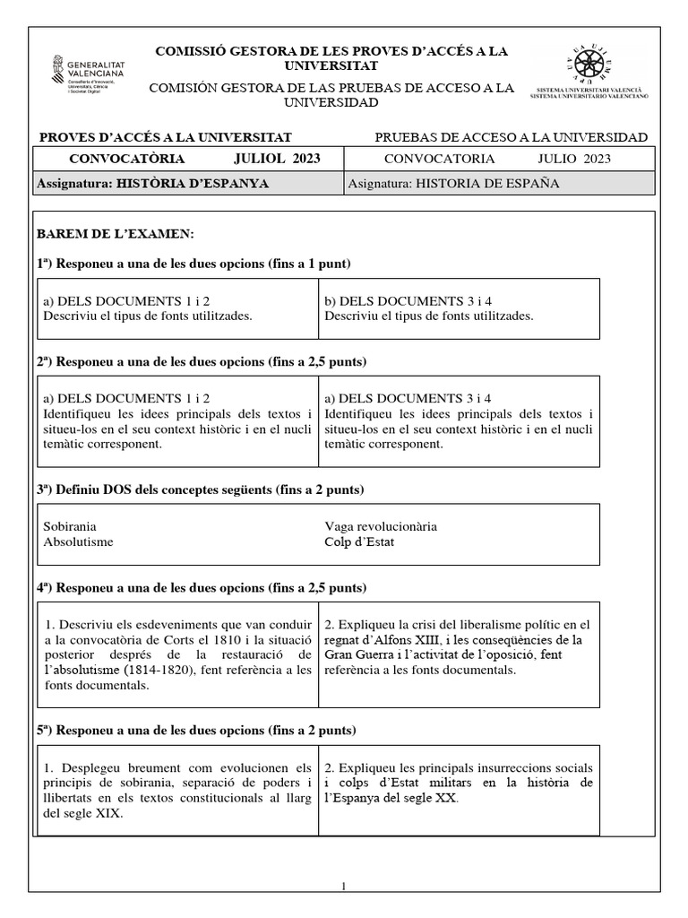 Examen Historia de España de La Comunidad Valenciana (Extraordinaria de ...
