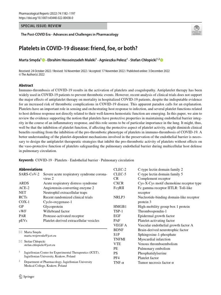 Platelets in COVID19 Disease Friend, Foe, or Both | PDF | Platelet ...