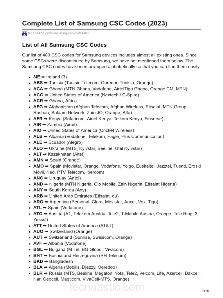 Samsung CSC Codes List | PDF | Service Industries | Telecommunications