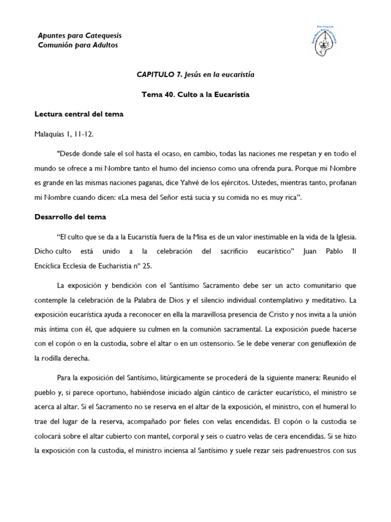 Capitulo 7 Tema 40. Culto A La Eucaristia | PDF