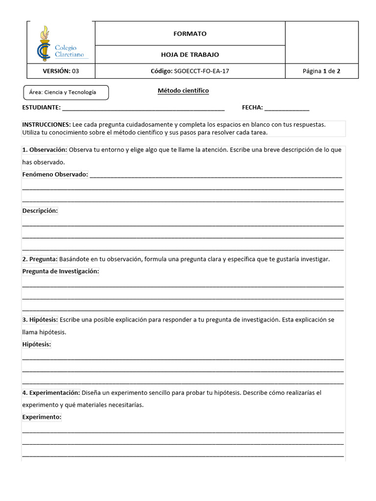Hoja de Trabajo: Método Científico | PDF | Experimentar | Hipótesis