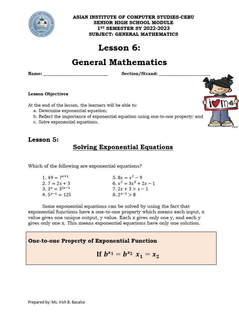 LESSON6_MATH111READING | PDF | Equations | Exponential Function