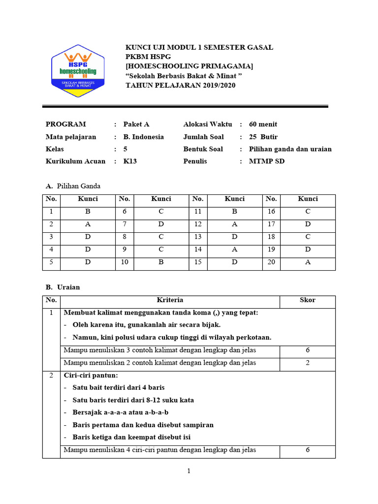 Kunci Jawaban Uji Modul 1 - Bahasa Indonesia Kelas 5 | PDF