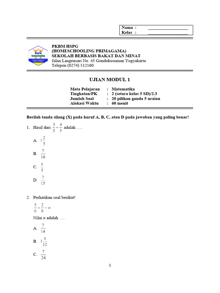 Soal Uji Modul 1 Matematika Kelas 5 Sem Ganjil Ta 1920 | PDF