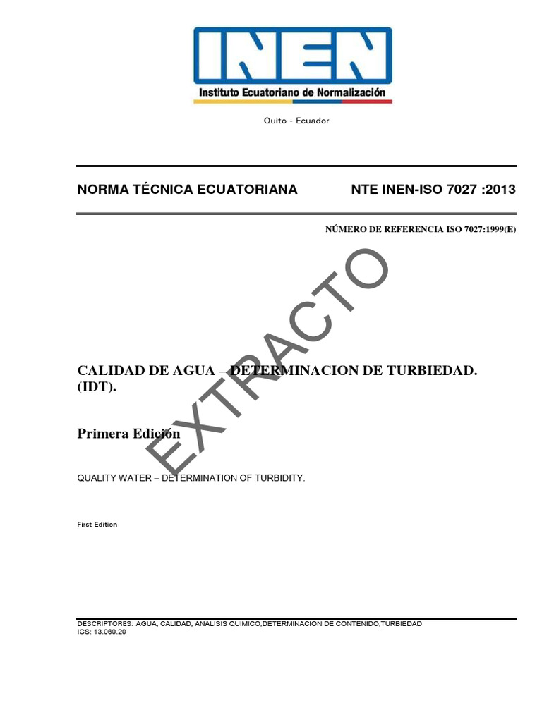 Nte - Inen - Iso - 7027 - CALIDAD DE AGUA-DETERMINACIÓN DE TURBIEDAD ...