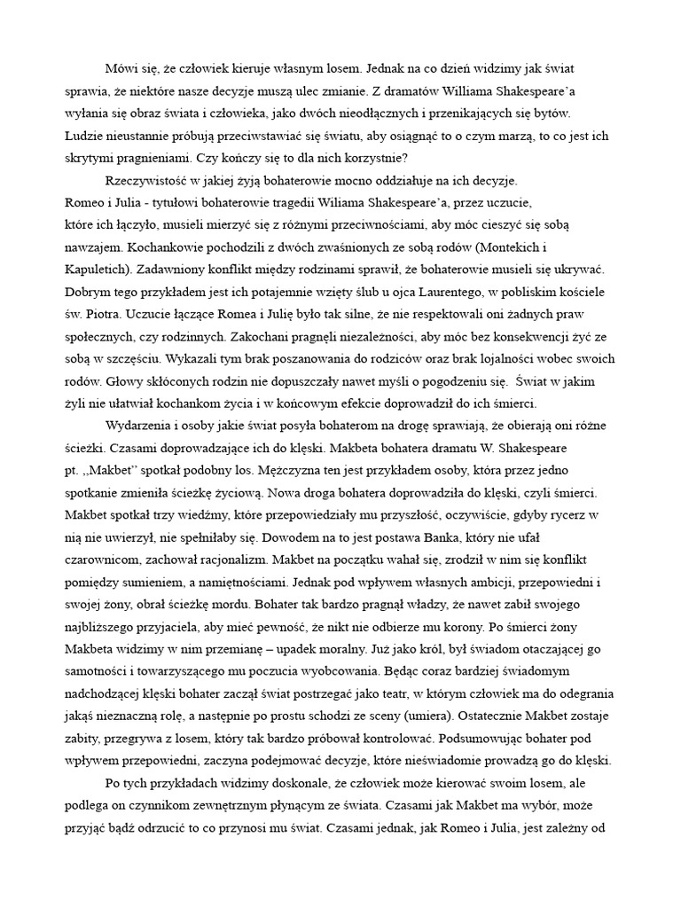 Wypracowanie Do Dzieł Williama Shakespear'A | PDF