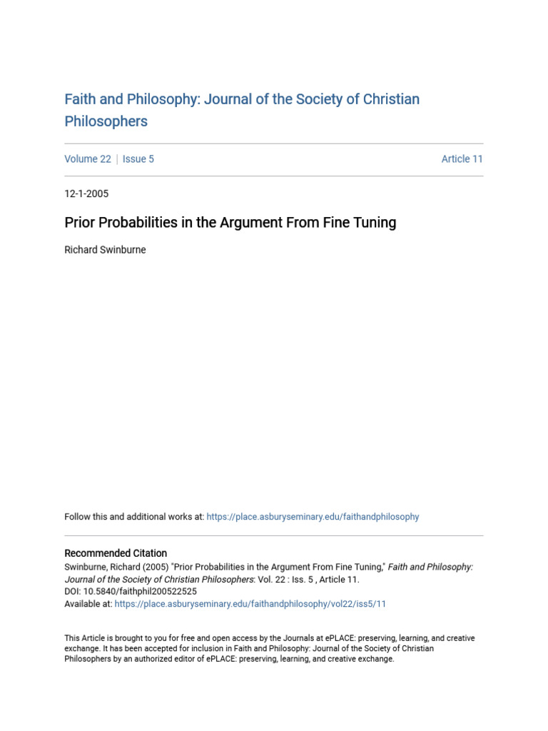 Prior Probabilities in the Argument From Fine Tuning | PDF | Universe ...