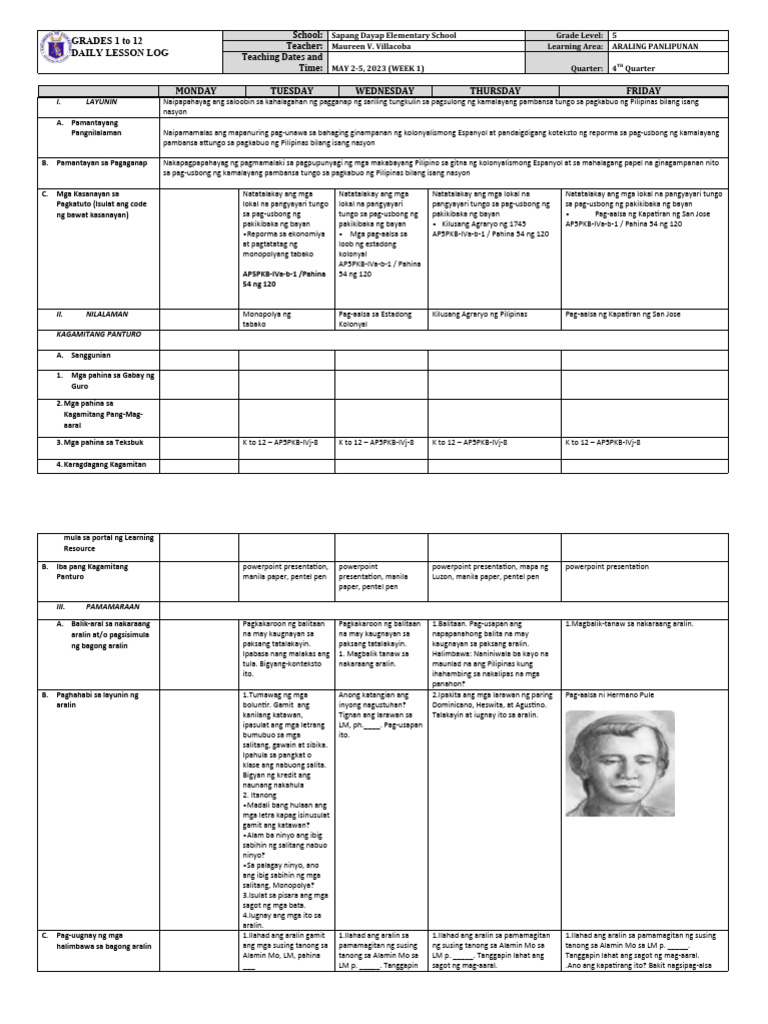 Grade 5 DLL Araling Panlipunan 5 Q4 Week 1 Ok | PDF