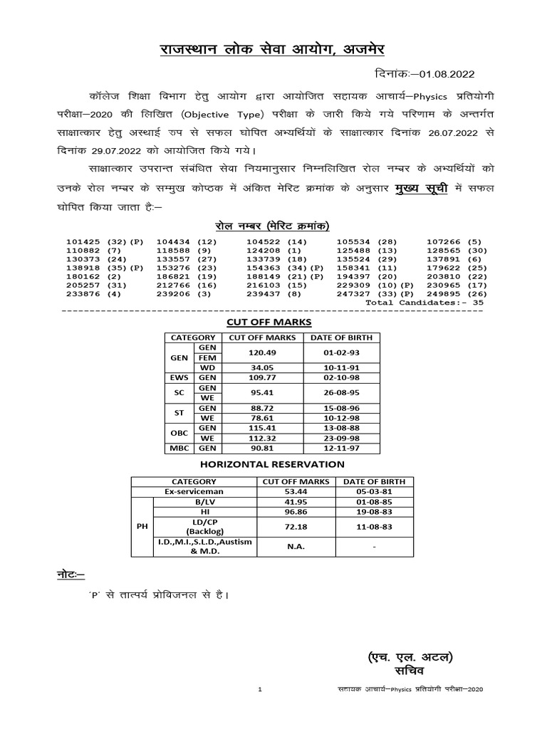 Cut Off Physics RPSC 2020 | PDF