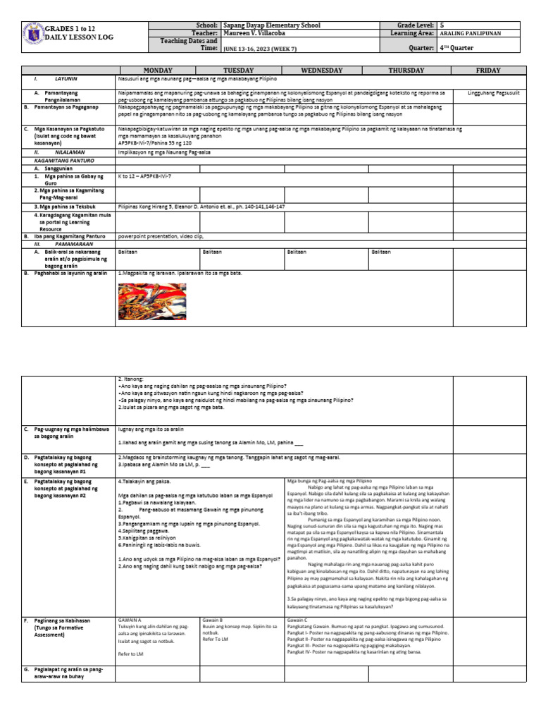 Grade 5 DLL Araling Panlipunan 5 Q4 Week 7 Ok | PDF