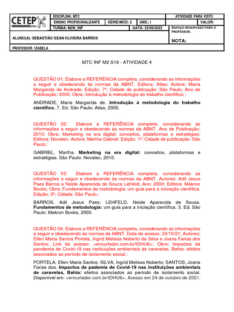 MTC Inf M2 S19 - Atividade 4 | PDF