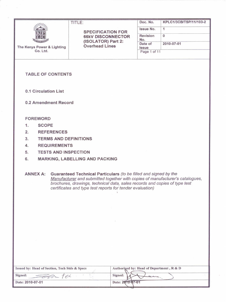 KPLC1-3CB-TSP-11-103-2 Specification For 66kV Disconnector (Isolator ...