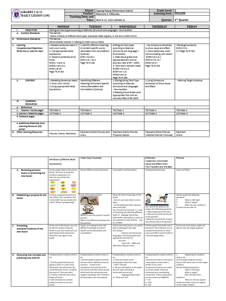 Grade 5 DLL English 5 Q4 Week 2 Ok | PDF