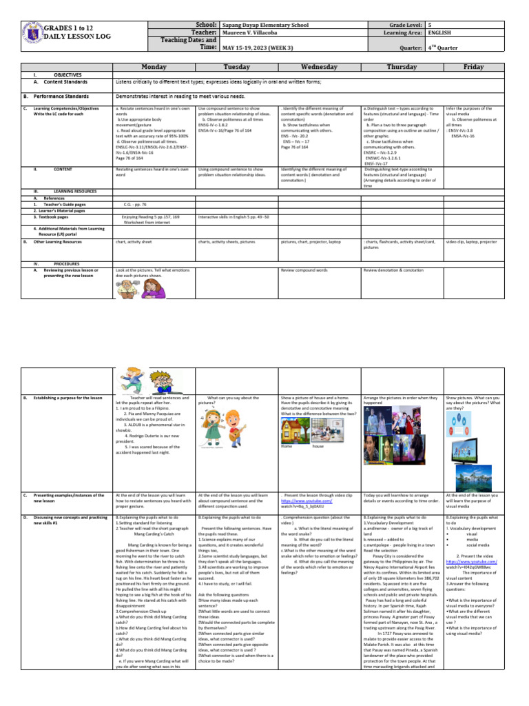 Grade 5 DLL English 5 Q4 Week 3 Ok | PDF | Vocabulary | Reading ...