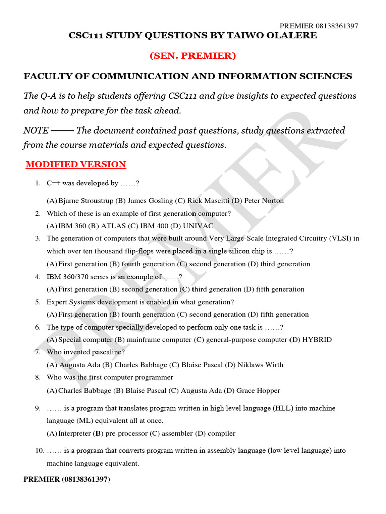 CSC111 Study Questions Guide | PDF | Computer Data Storage | Operating System