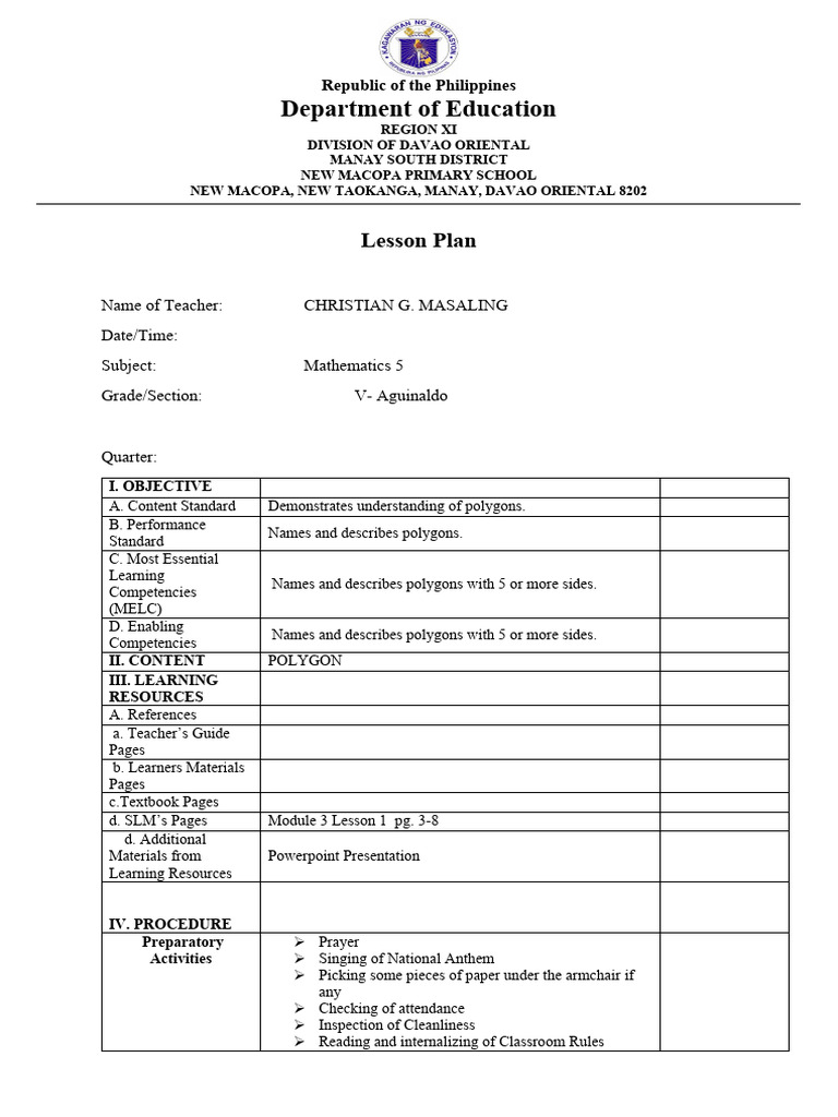 Christian Lesson Plan Math 5 | PDF | Polygon | Learning
