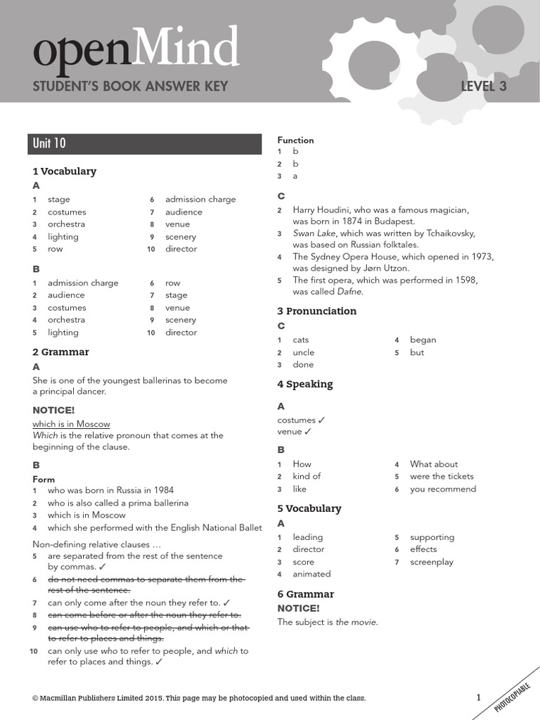 Openmind 3 Unit 10 Student's Book Answer Key | PDF | Ballet | Ballet Dancer