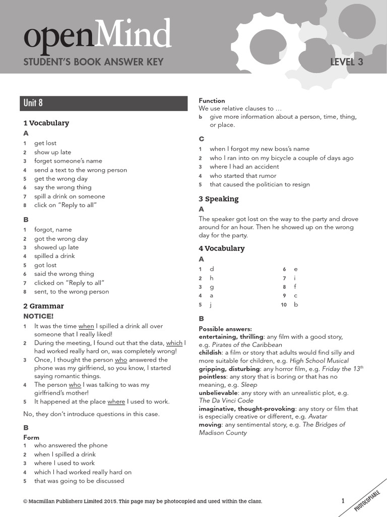 openMind 3 Unit 8 Student's Book answer key | PDF
