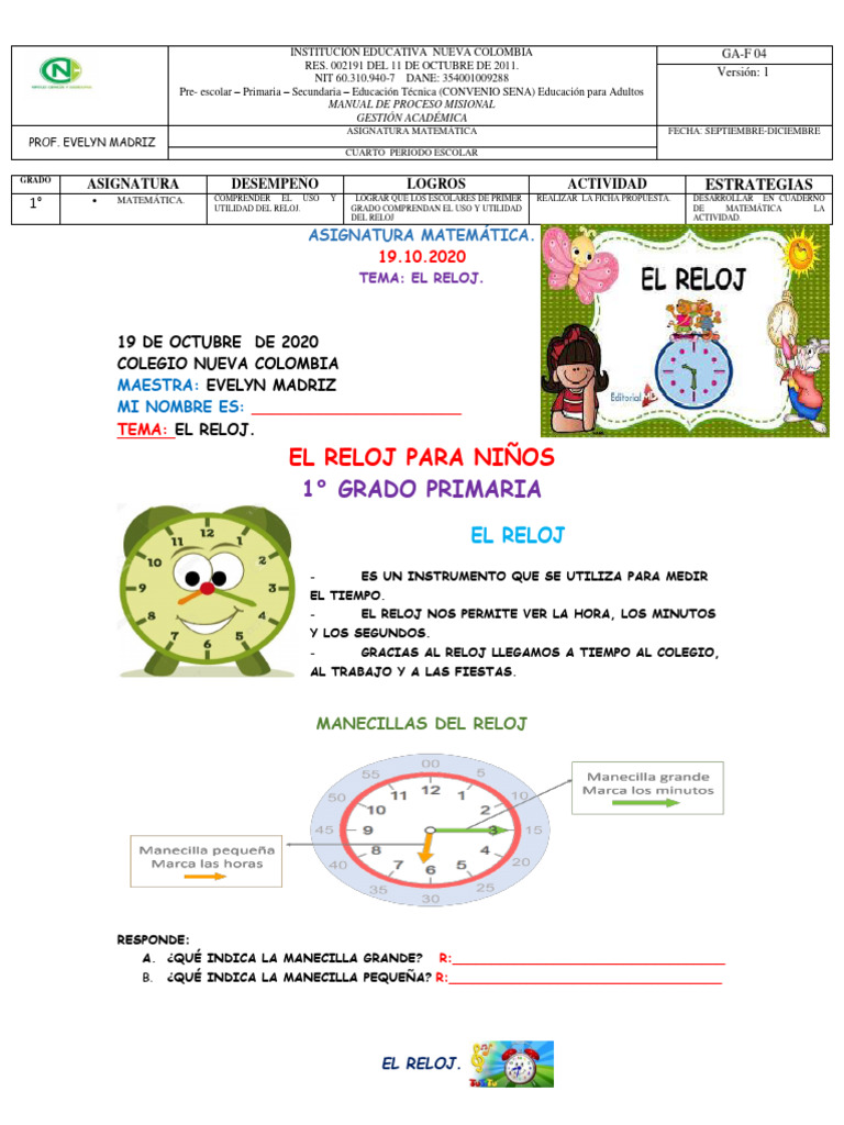 El Reloj para Niños: 1° Grado Primaria | PDF