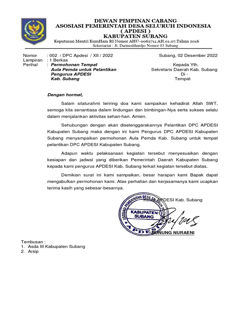 Surat Apdesi - Aula Pelantikan1 | PDF