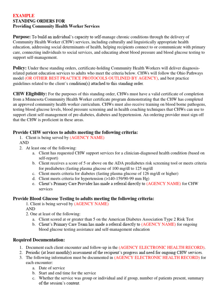 EXAMPLE CHW Standing Orders Prediabetes Diabetes Hypertension BGL ...