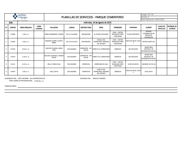Planilla de Servicios 16 de Agosto 2023. | PDF
